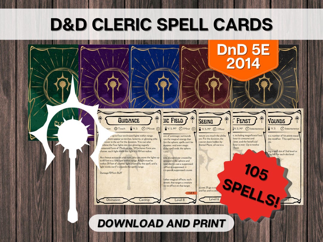 Dnd Cleric Spell Cards, Dungeons and Dragons Printable, D&D 5E 2014 All ...