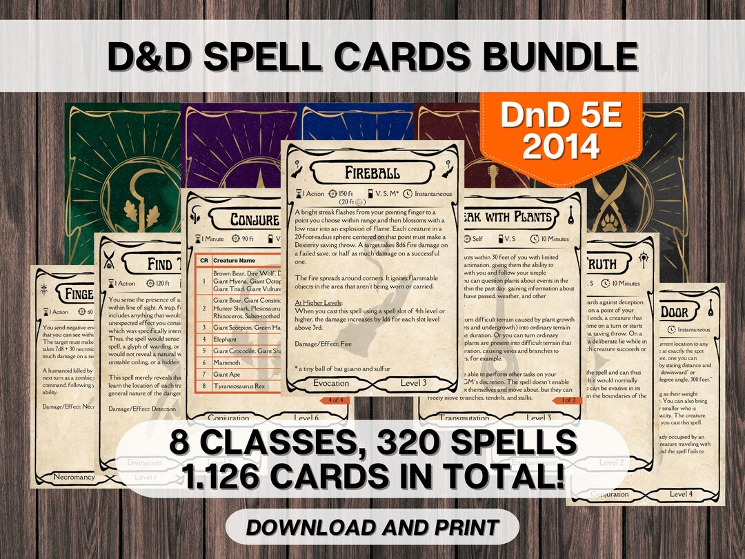 Dnd All Spell Cards Bundle, Dungeons and Dragons Printable Pack, 8 ...
