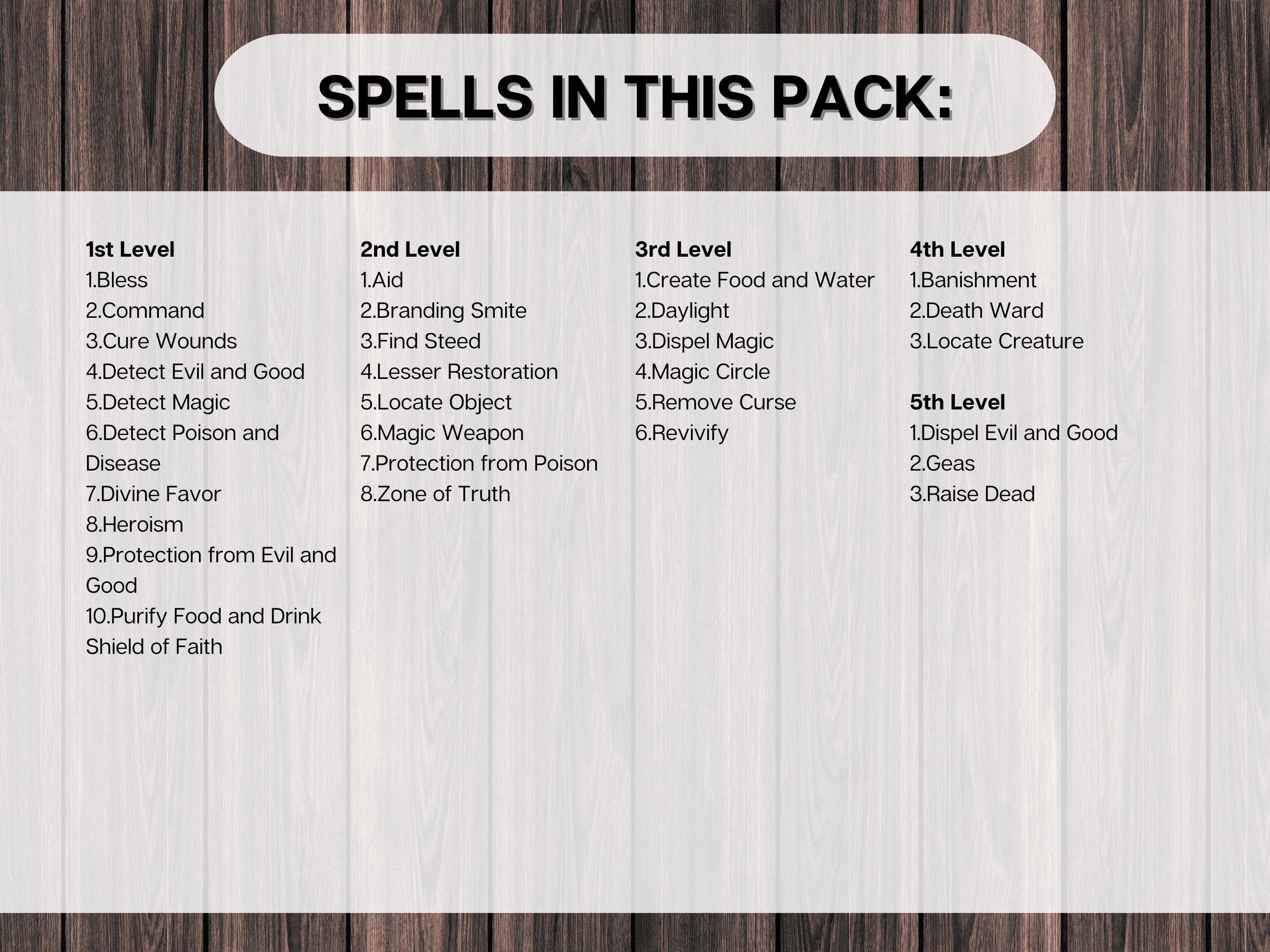 Dnd Paladin Spell Cards, Dungeons and Dragons Printable, D&D 5E 2014 ...