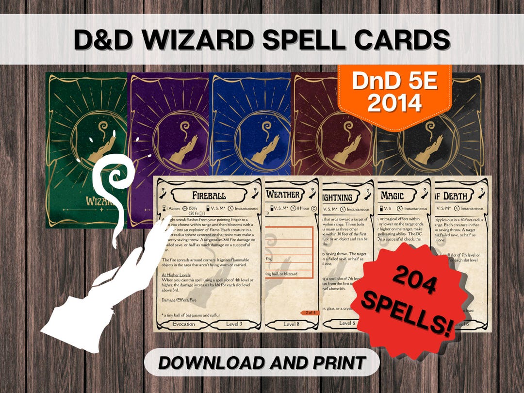 Dnd Wizard Spell Cards, Dungeons and Dragons Printable, D&D 5E 2014 All ...