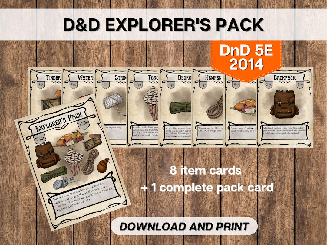 Dnd Explorer's Pack Item Equipment Cards, Dungeons and Dragons Printable, Game Master Tools, D&D ...