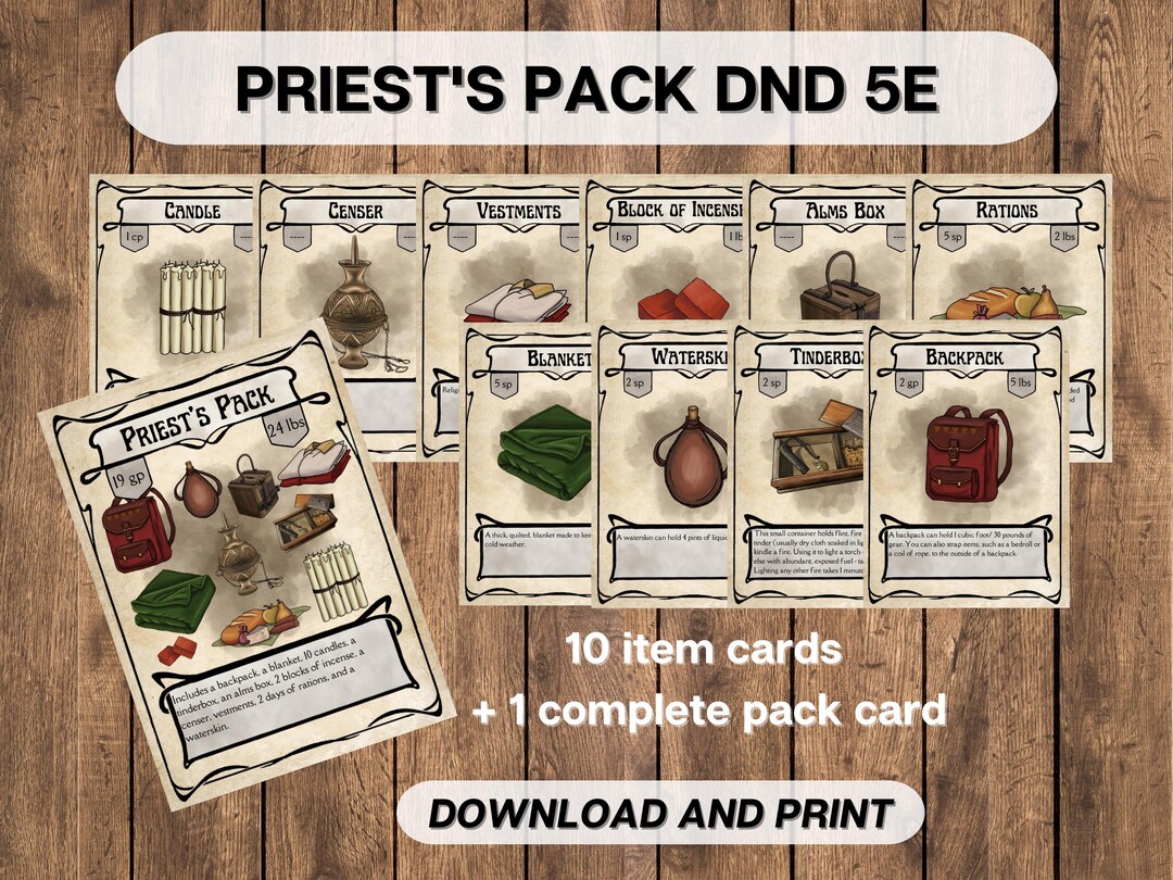 Dnd Priest's Pack Item Equipment Cards, Dungeons and Dragons Printable ...