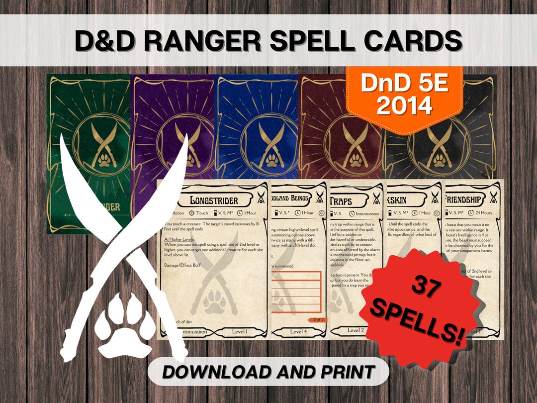 Dnd Ranger Spell Cards, Dungeons and Dragons Printable, D&D 5E 2014 All ...