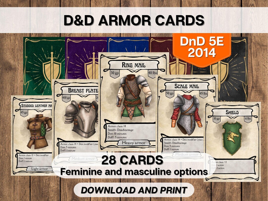 Dnd Armor Equipment Cards, Dungeons and Dragons Printable, D&D 5E 2014 ...