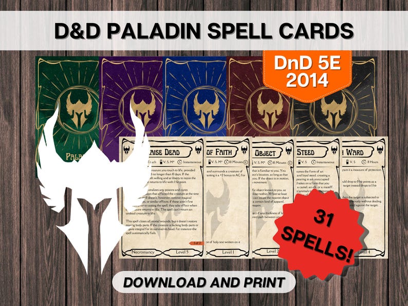 Dnd Paladin Spell Cards, Dungeons and Dragons Printable, D&D 5E 2014 ...