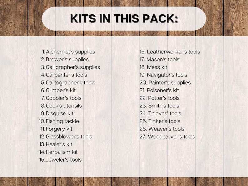 Dnd Artisan Tools, Supplies and Kits Equipment Cards, Dungeons and ...