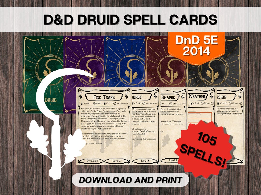 Dnd Druid Spell Cards, Dungeons and Dragons Printable, D&D 5E 2014 All ...