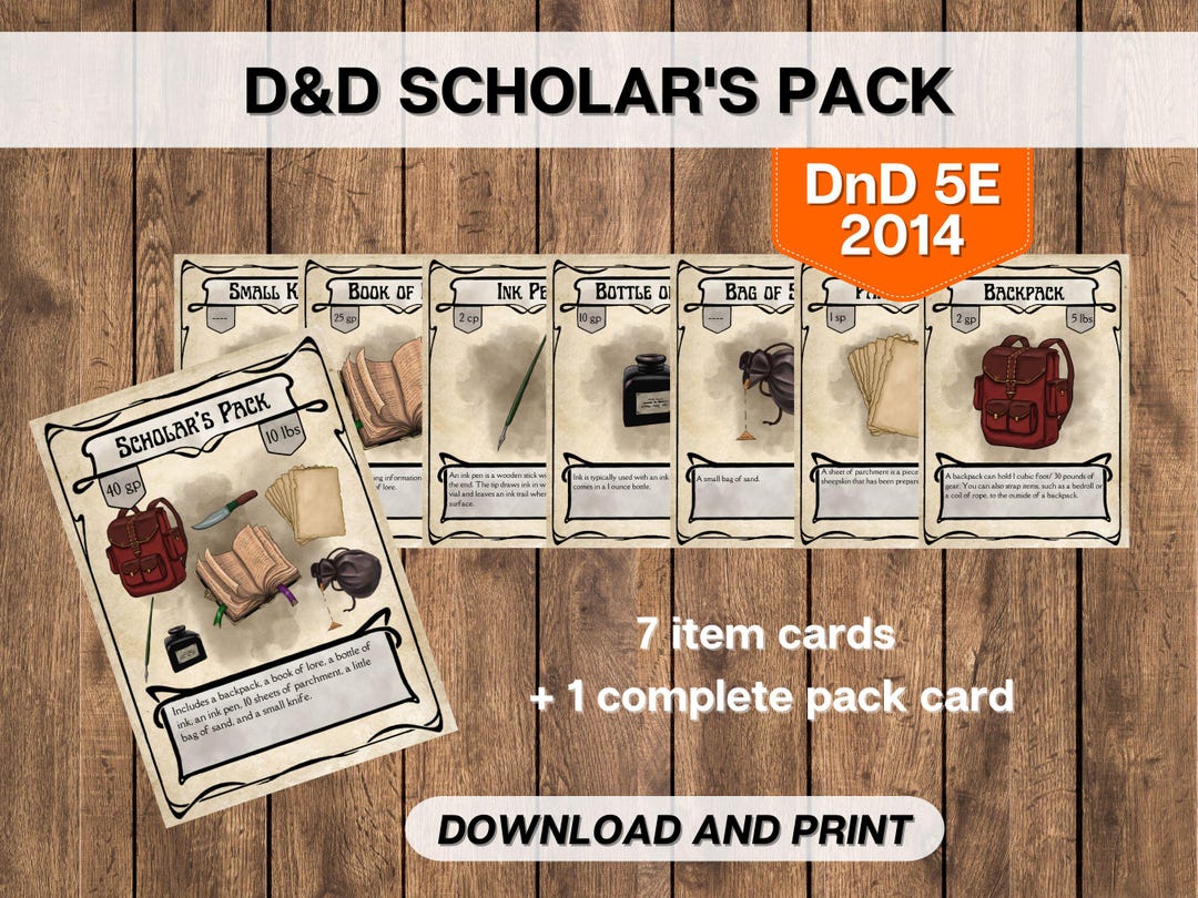 Dnd Scholar's Pack Item Equipment Cards, Dungeons and Dragons Printable ...