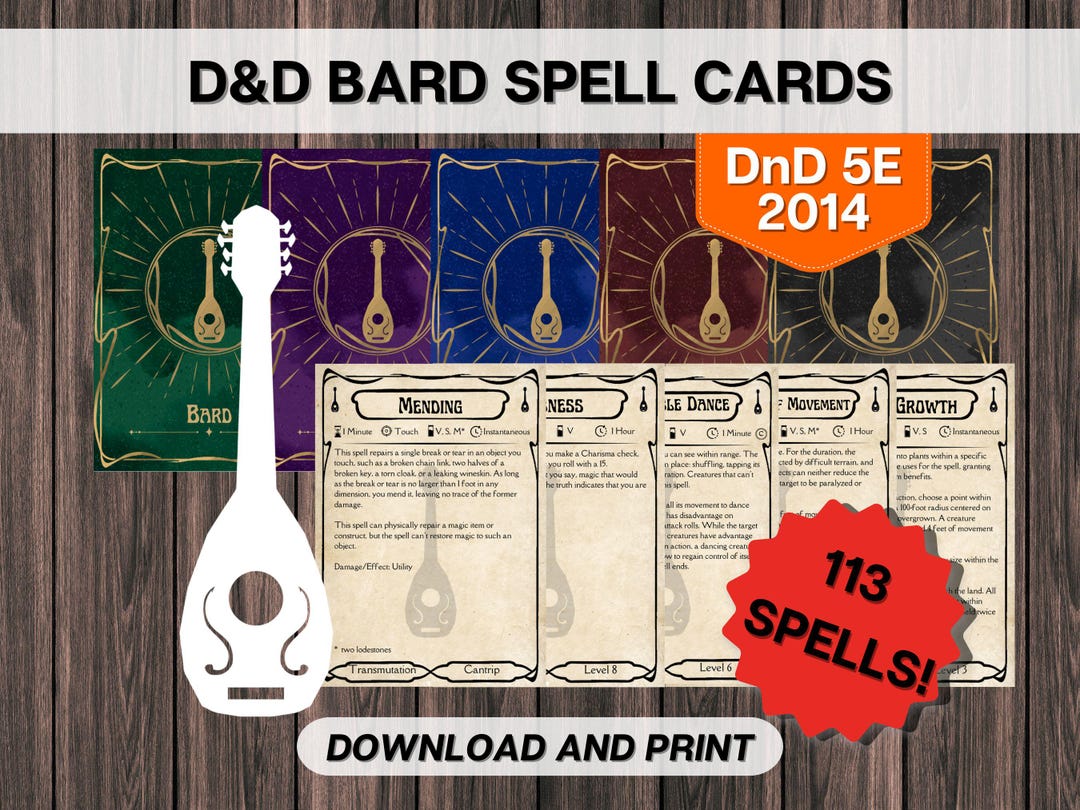Dnd Bard Spell Cards, Dungeons and Dragons Printable, D&D 5E 2014 All ...