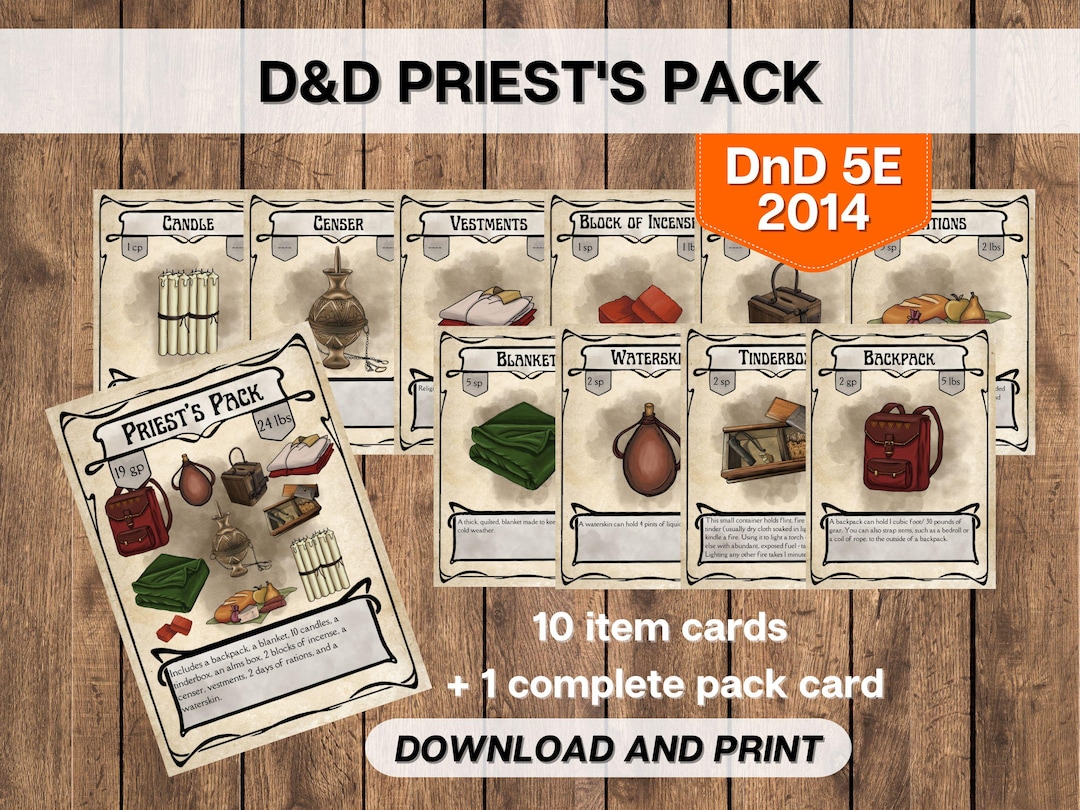 Dnd Priest's Pack Item Equipment Cards, Dungeons and Dragons Printable ...