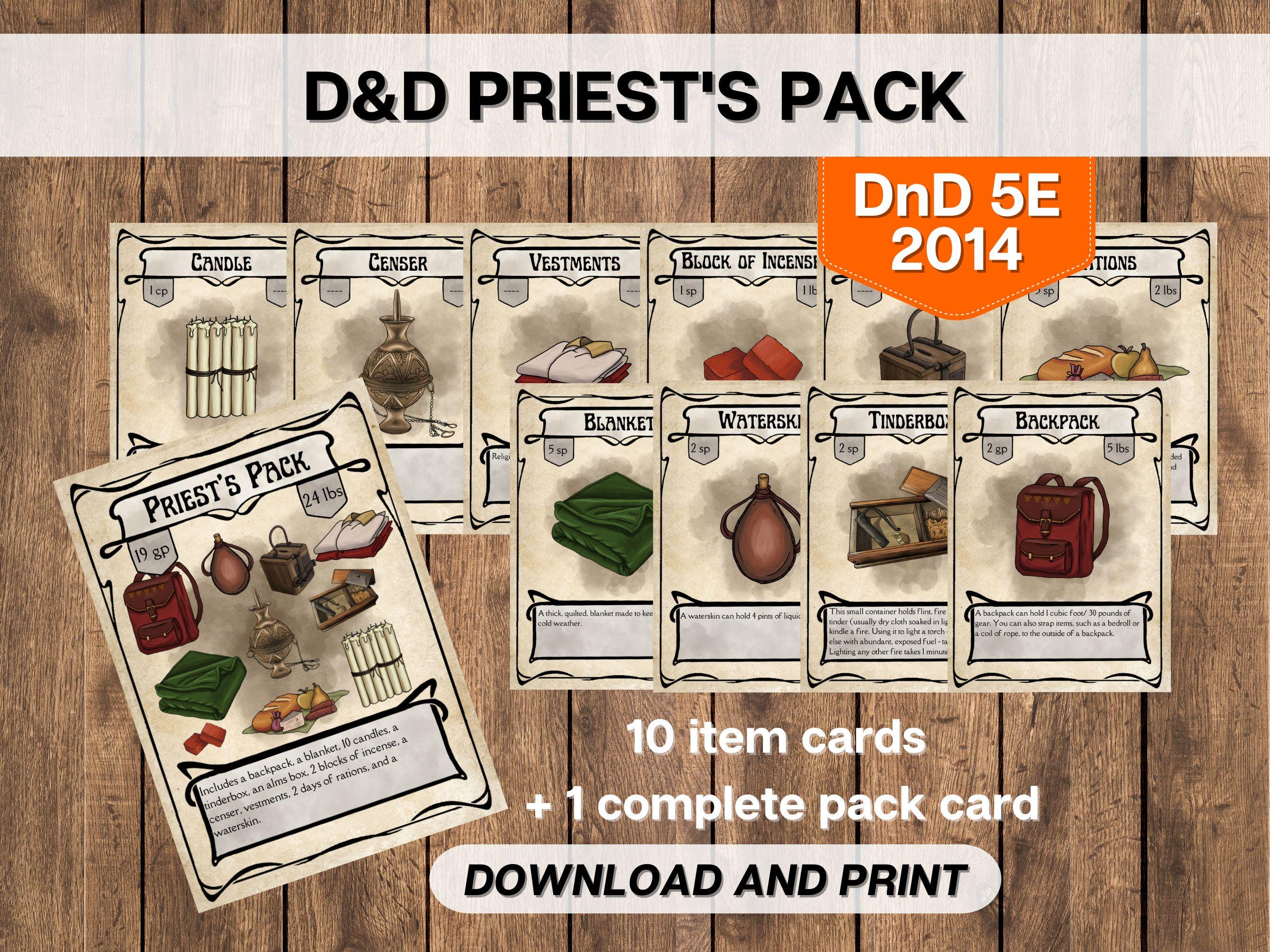 Dnd Priest's Pack Item Equipment Cards, Dungeons and Dragons Printable ...