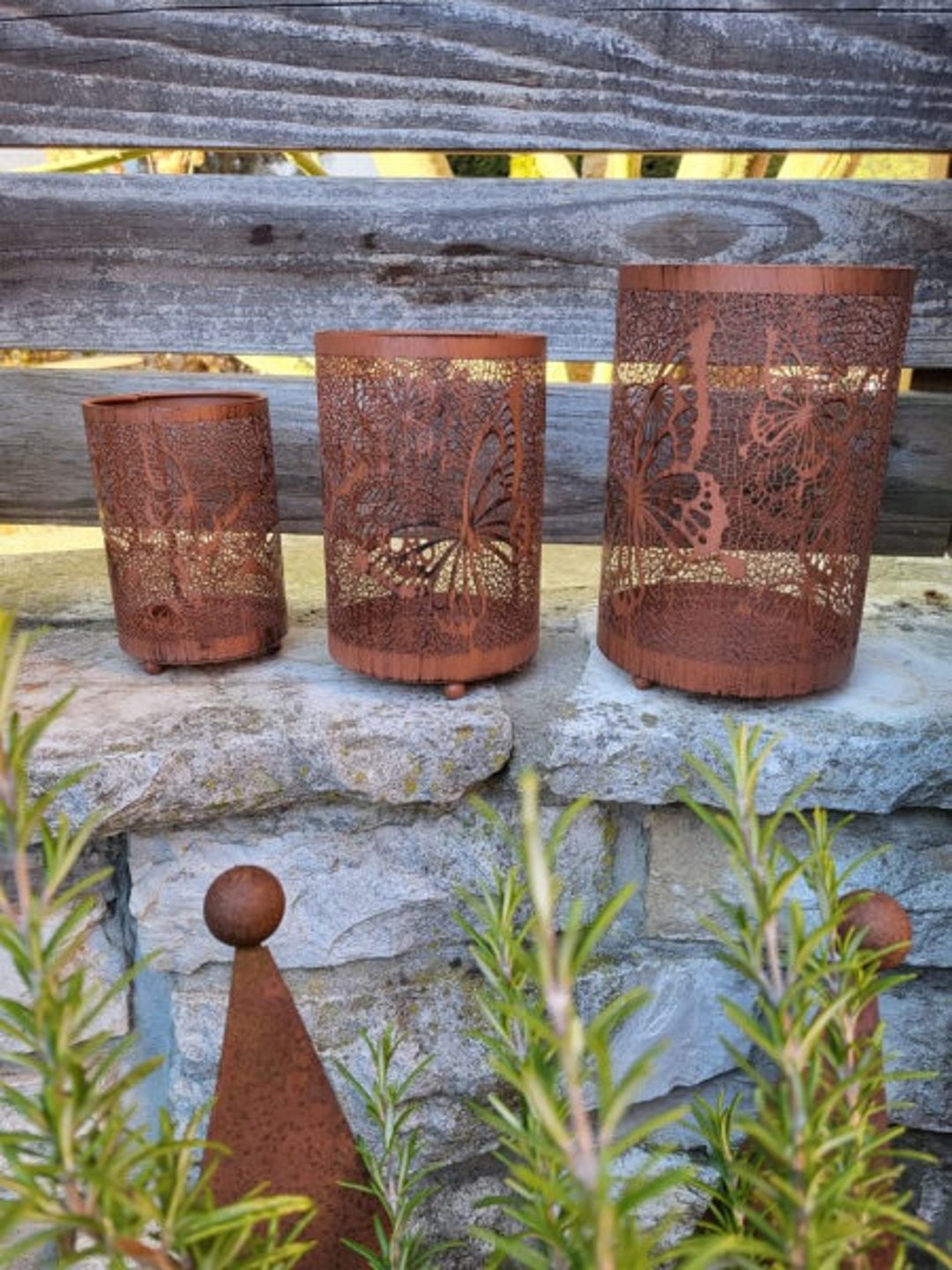 Noble Rust Look Lanterns Butterflies, Set of 3 Garden Decoration Noble ...