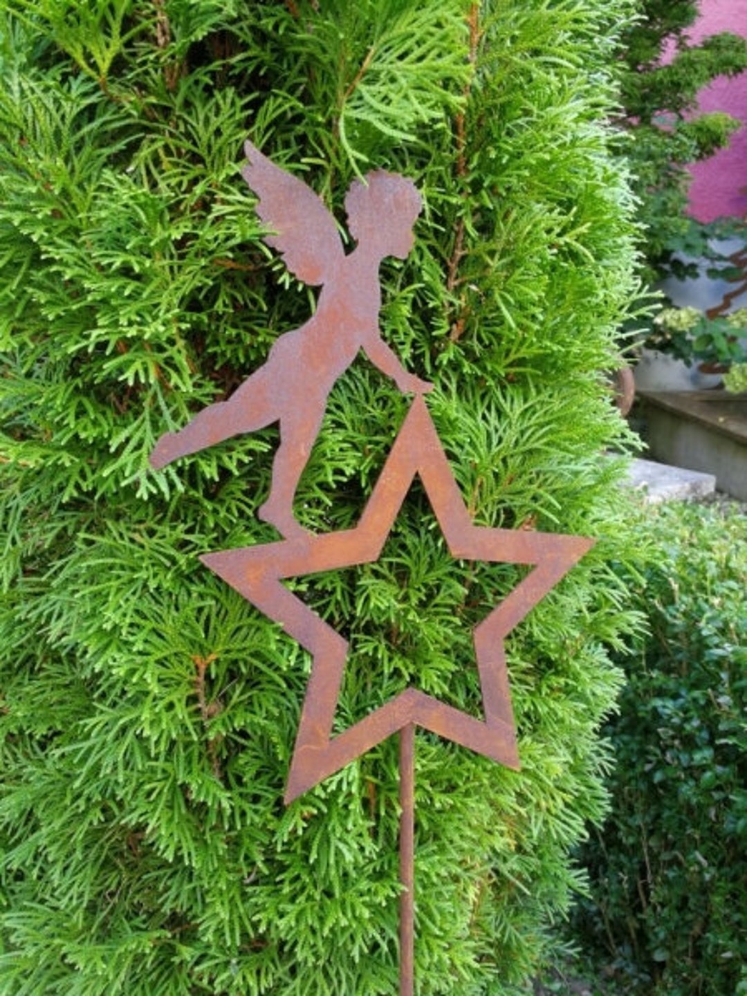 Patina Garden Stake Putto Standing on Star Garden Decoration Rust Rust ...