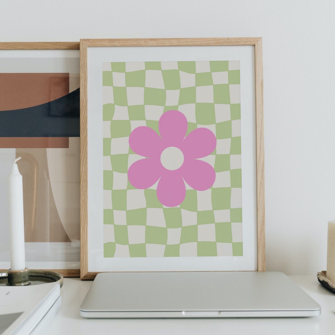 Groovy Flower Y2K Checker Board Wall Print Living Room Bedroom Kitchen ...
