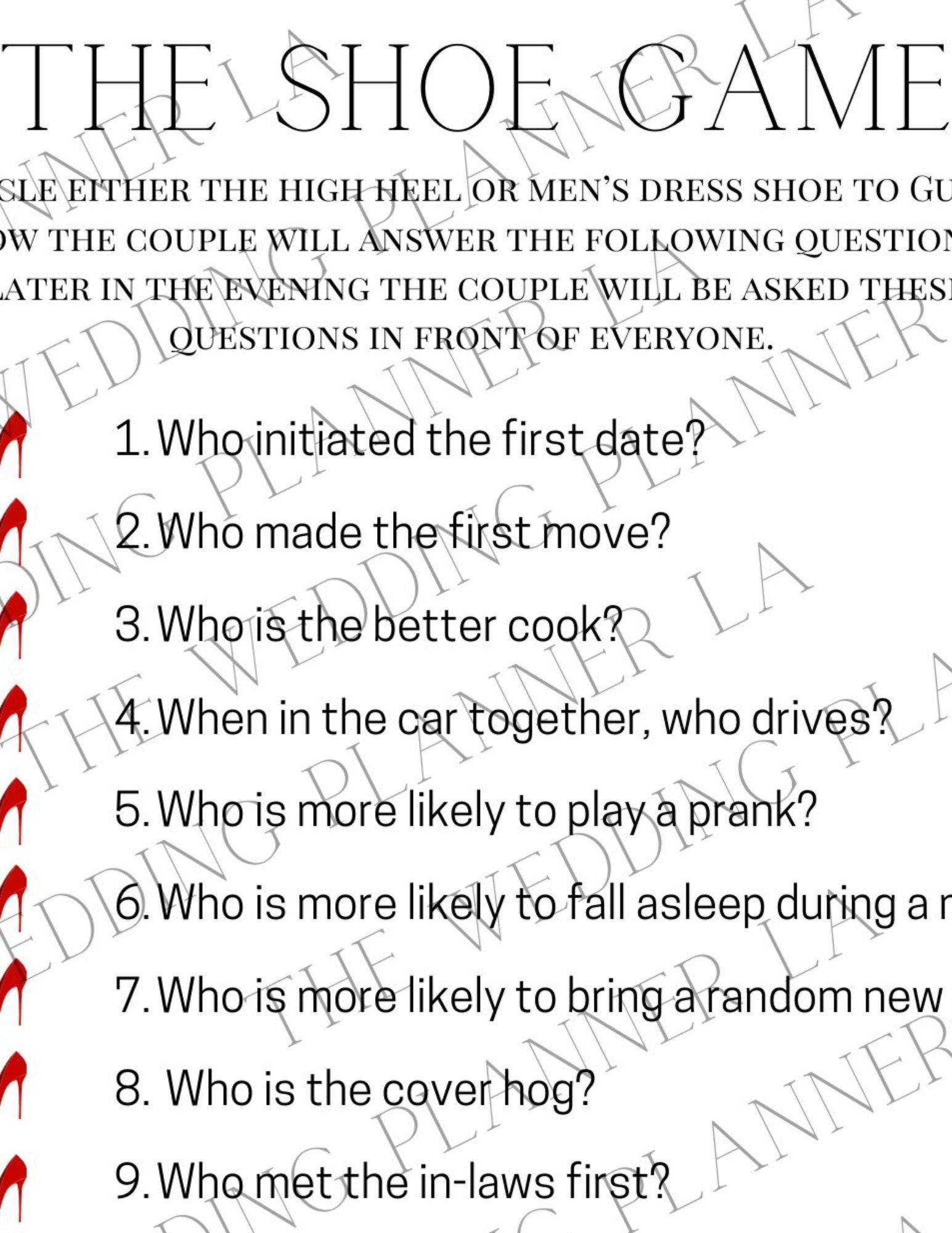 Wedding Shoe Game Questionnaire for Wedding Guests Download Printable ...