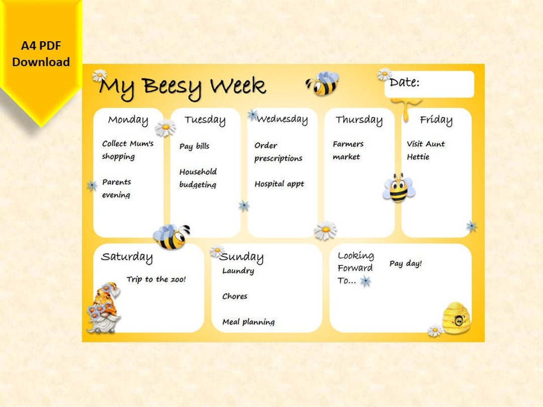 Week Planner Bees and Flowers Printable Digital Download - Etsy