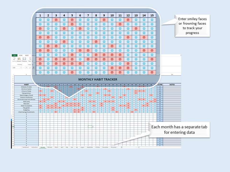 Monthly Habit Tracker With Smiley Faces Digital Excel Sheet Blue - Etsy