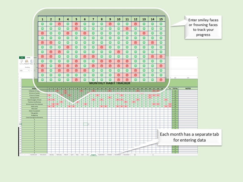 Monthly Habit Tracker With Smiley Faces Digital Excel Sheet Green - Etsy
