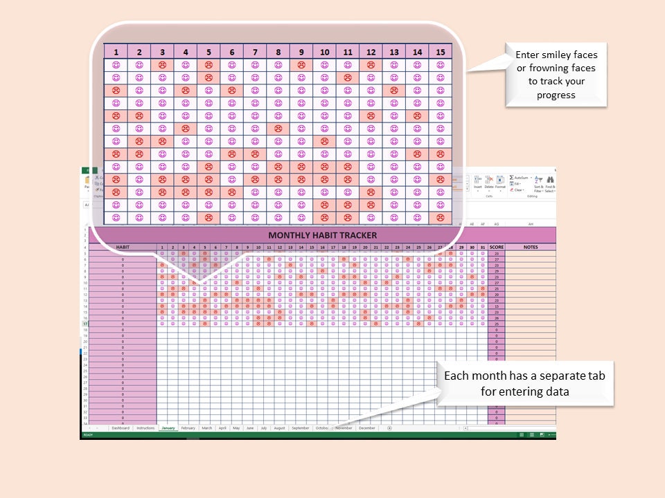 Monthly Habit Tracker With Smiley Faces Digital Excel Sheet - Etsy