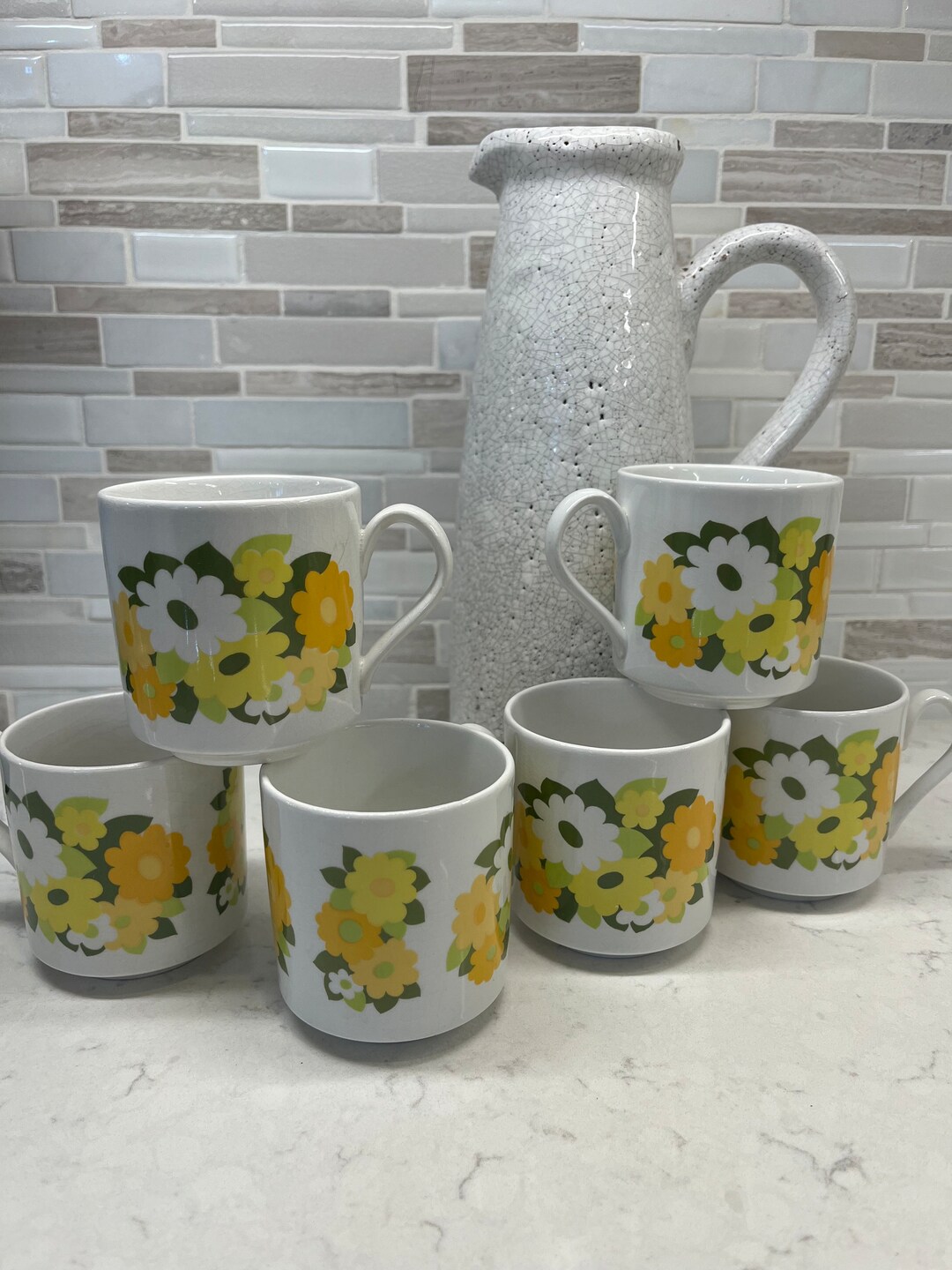 Vintage 1960's Yellow Floral Bright Springtime MCM Mugs Coffee Cups ...