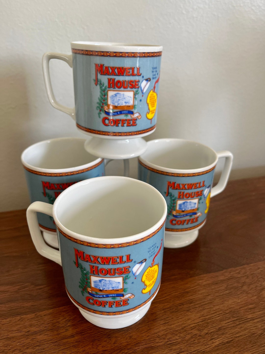 Vintage Maxwell House Glass Coffee Mugs Footed Advertising Blue Red ...