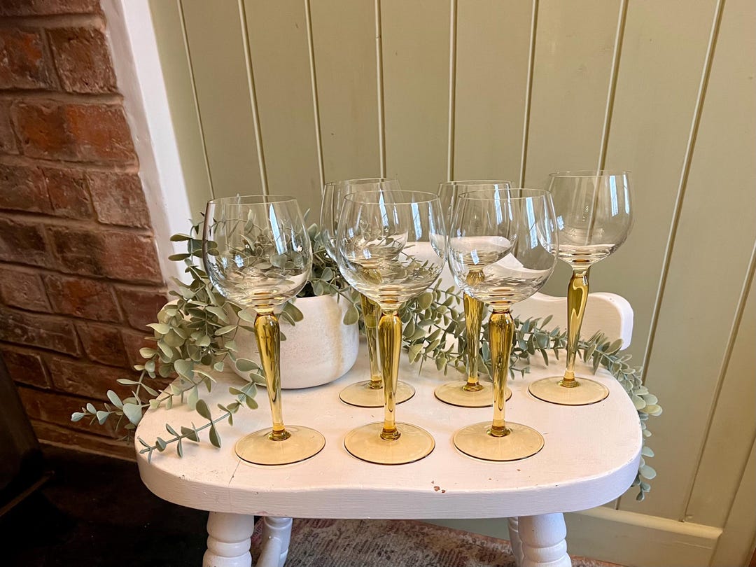Set of 6 Amber Long Stem Glasses, Stunning Amber Coloured Glass Stem ...
