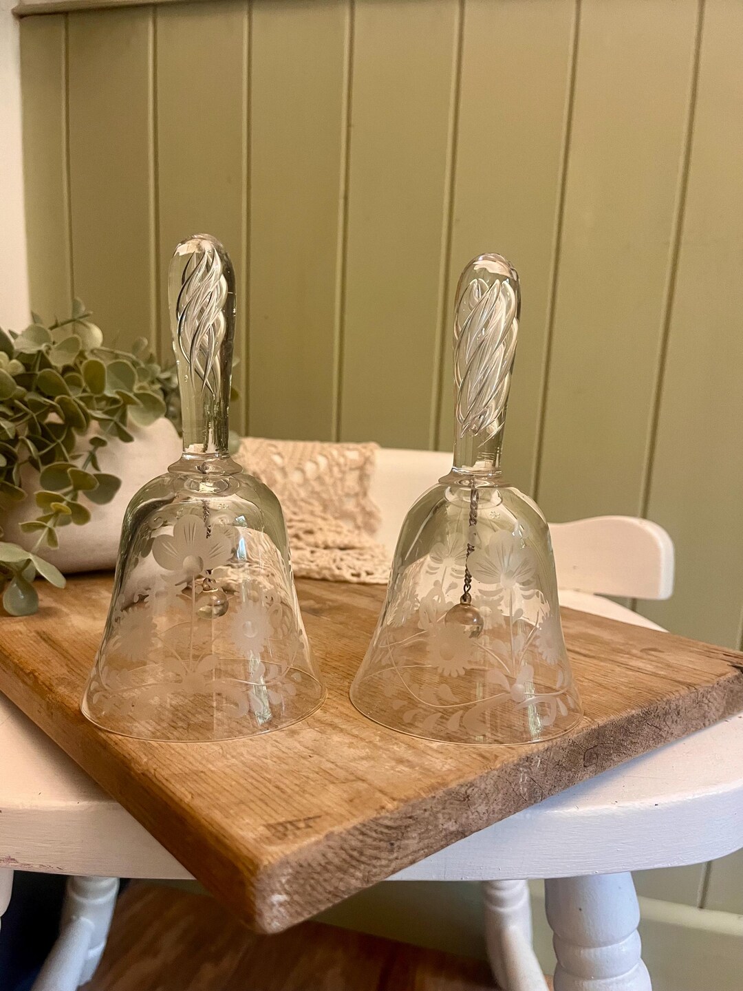 Two Vintage Etched Crystal Glass Hand Bells. They Have Floral Design ...