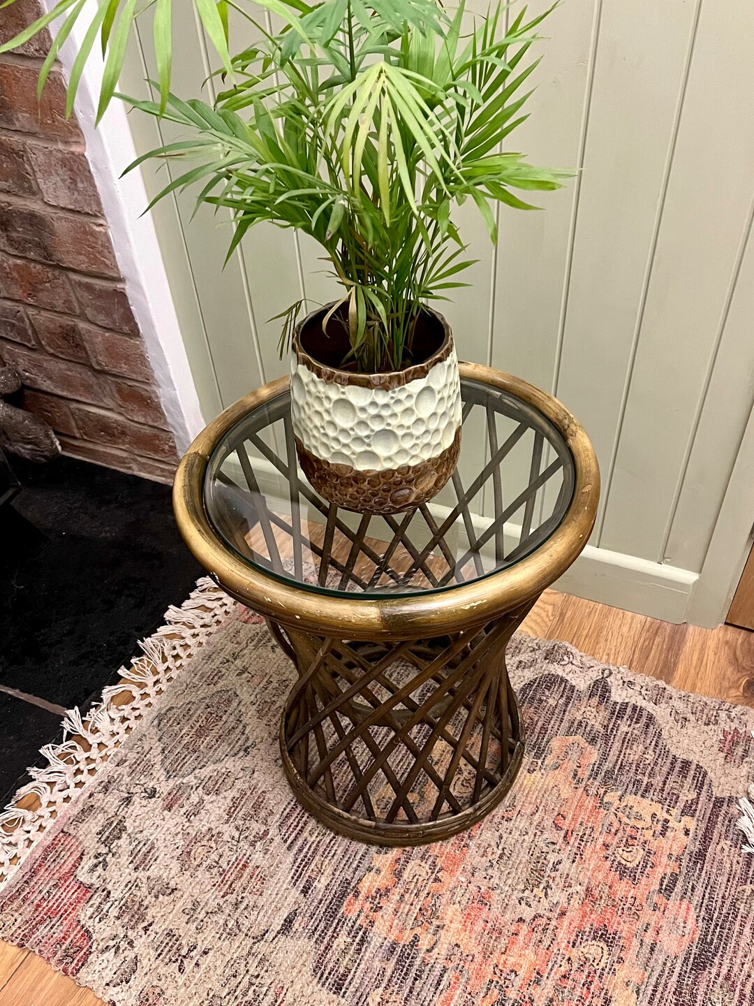 Bamboo Table With a Round Glass Top Vintage Bamboo Side Table, a Plant ...