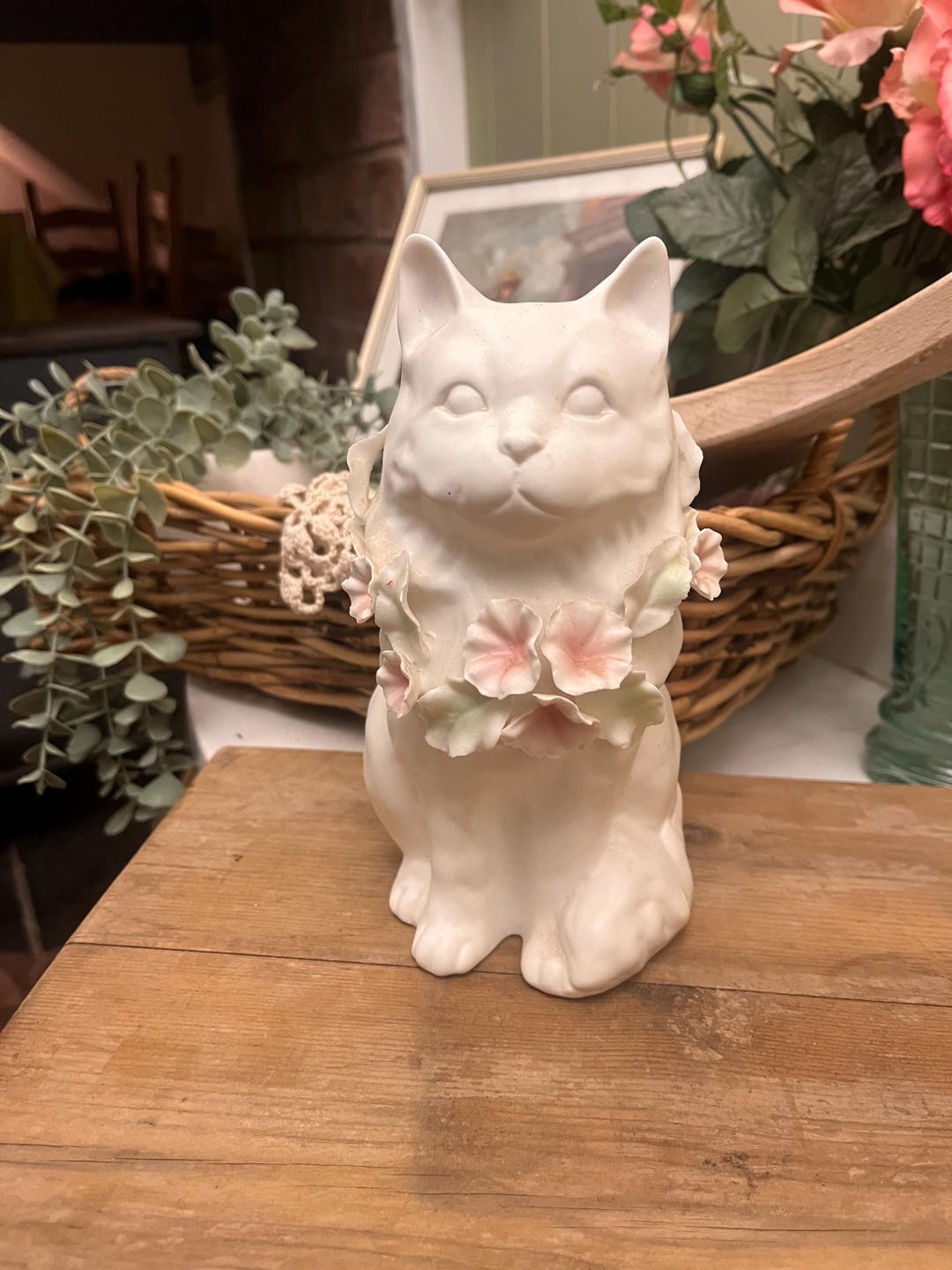 Handmade Bone China Persian Cat Figurine: Pink & Green Flowers - Etsy