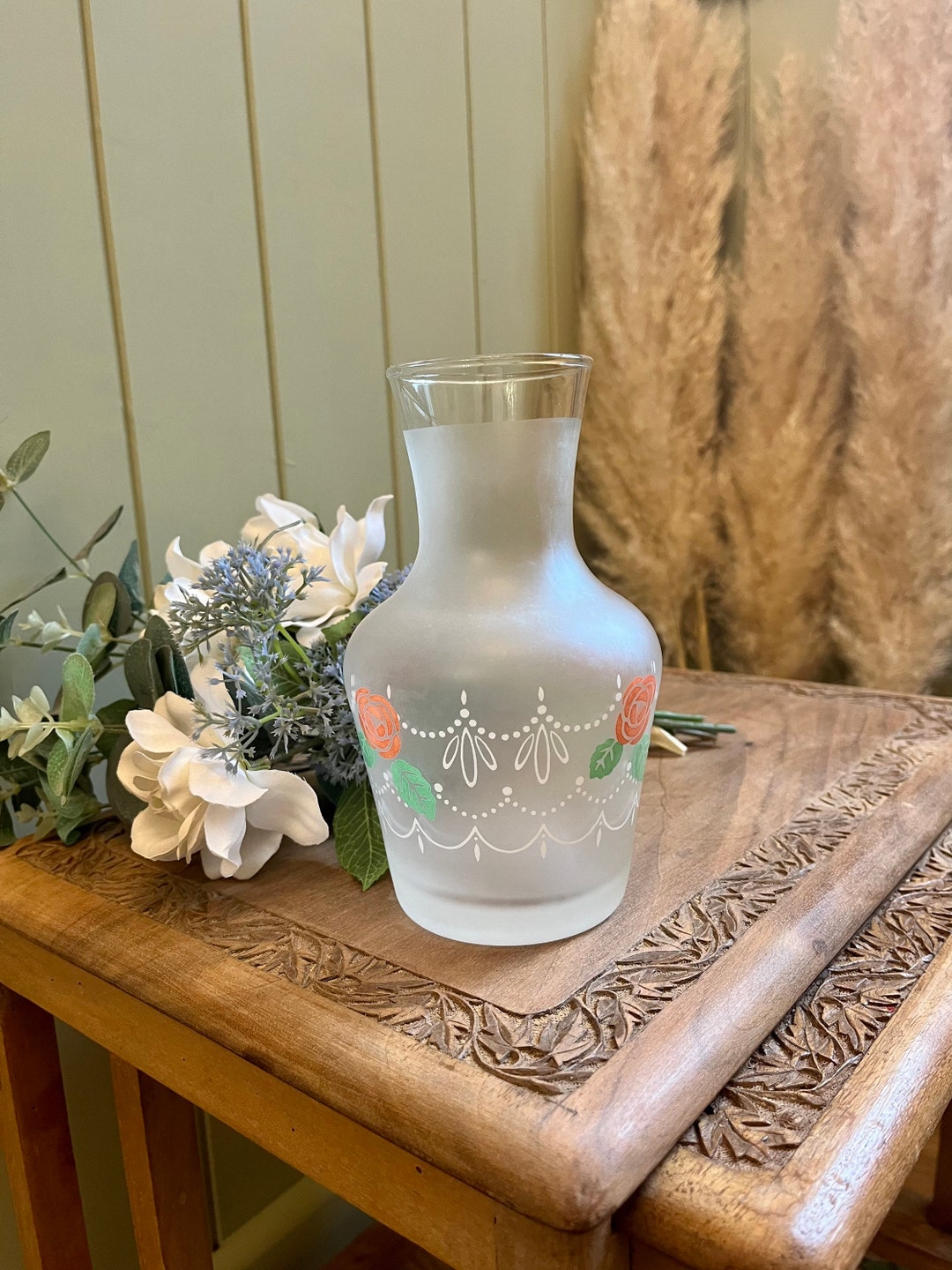 Vintage Carafe Hand Painted Red Roses White Detailing, All Hand Painted, Frosted Glass Use for ...