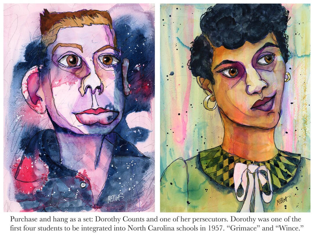 Dorothy Counts and Persecutor, Black History, Two Watercolor Portraits ...