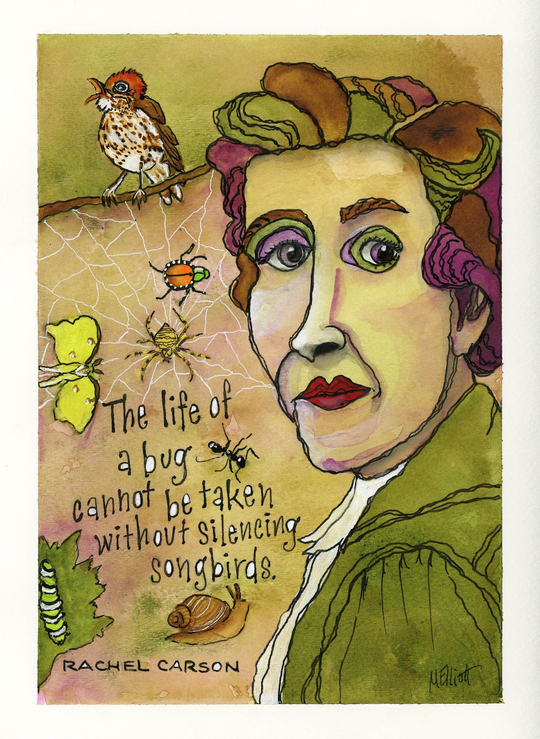 Rachel Carson Portrait, Ink and Watercolor on Paper - Etsy