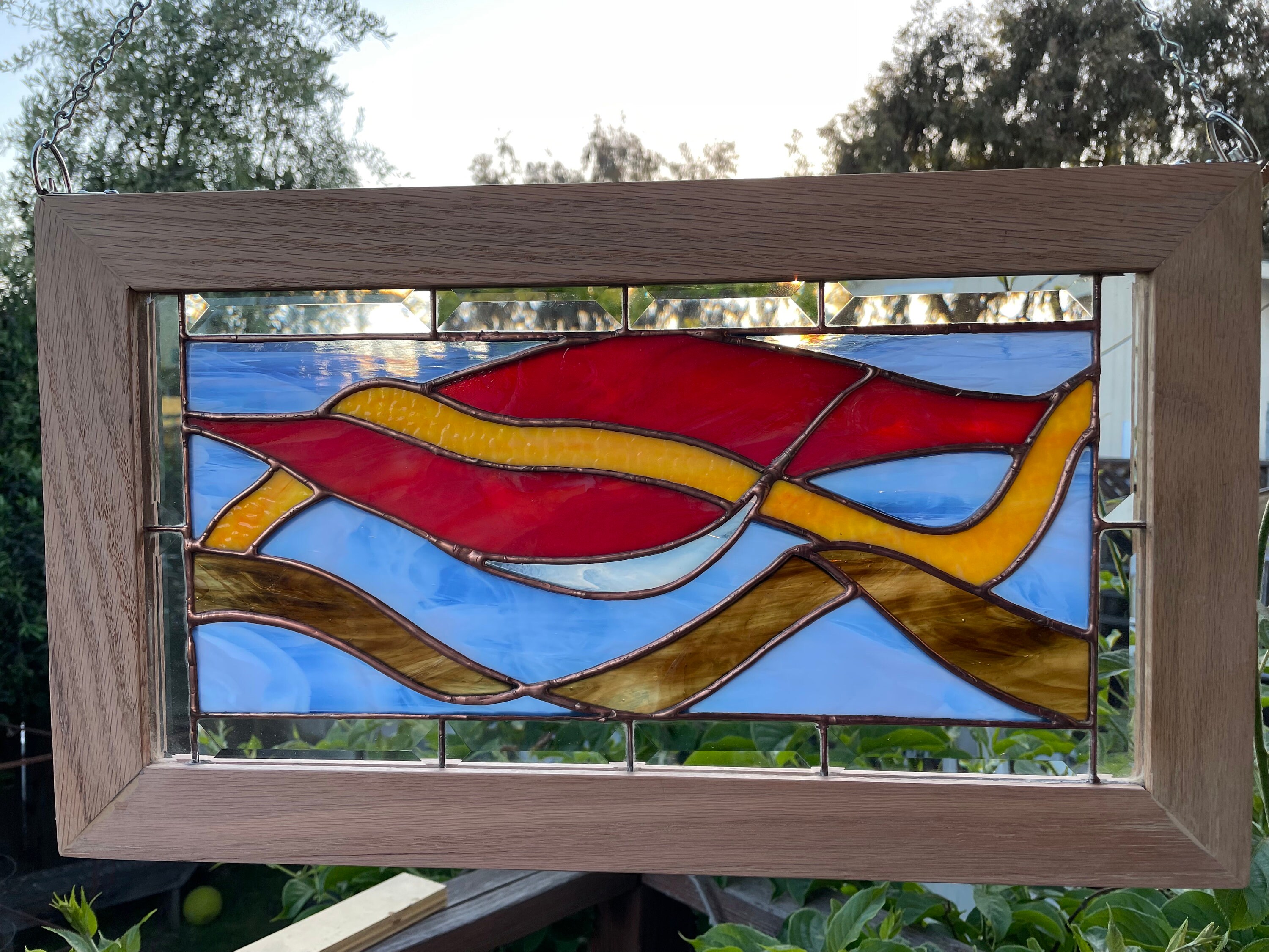 Stained Glass Panel Framed by Glass Bevels and Oak - Etsy