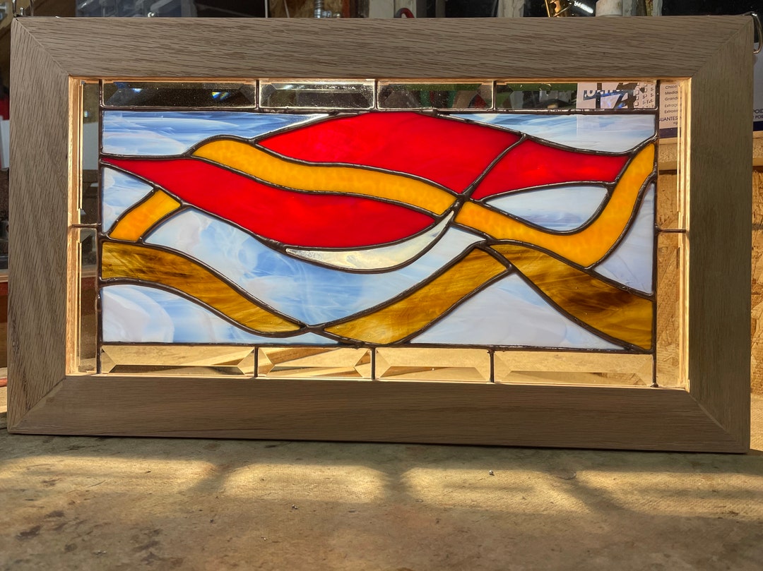 Stained Glass Panel Framed by Glass Bevels and Oak - Etsy