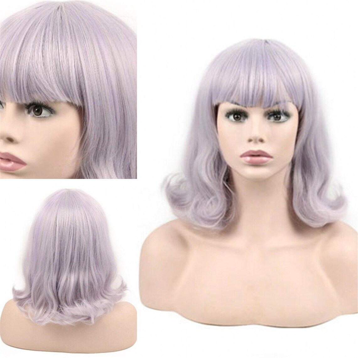 Natural Wavy Bob Light Purple Wig Short Cute Wig With Bangs - Etsy