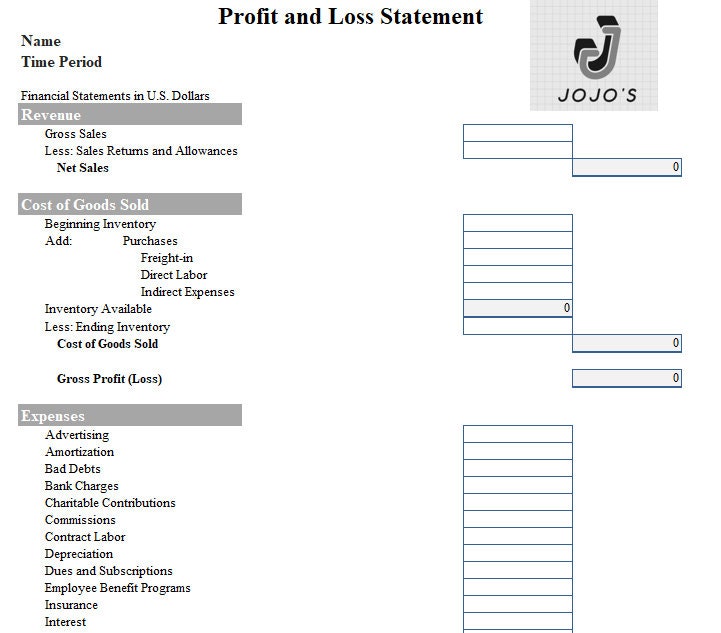 Profit and Loss Excel Template Automated Calculations and - Etsy