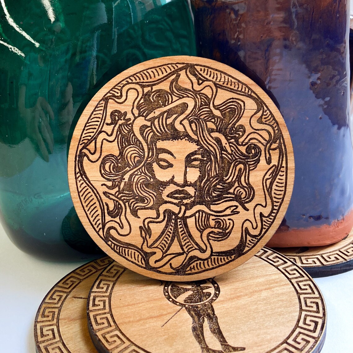 Medusa Wooden Coasters, Greek Mythology Coasters, Greek Gifts, Round ...