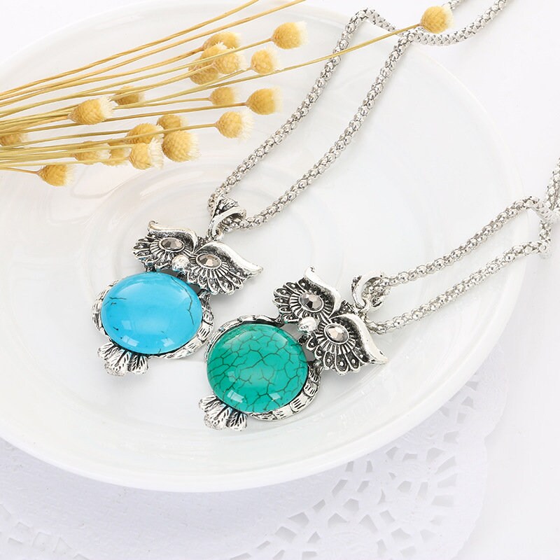 Turquoise Owl Jewelry Sets Pendant Earring Bracelet Necklace Retro 925 ...