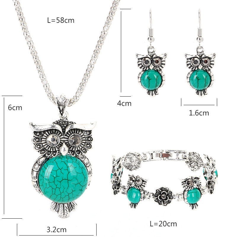 Turquoise Owl Jewelry Sets Pendant Earring Bracelet Necklace Retro 925 ...