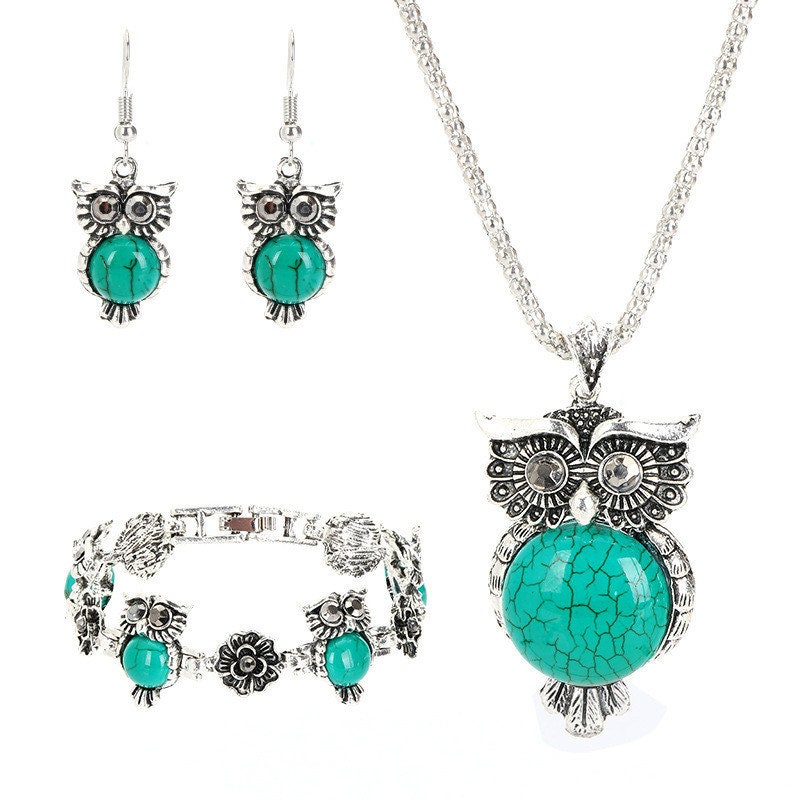 Turquoise Owl Jewelry Sets Pendant Earring Bracelet Necklace Retro 925 ...