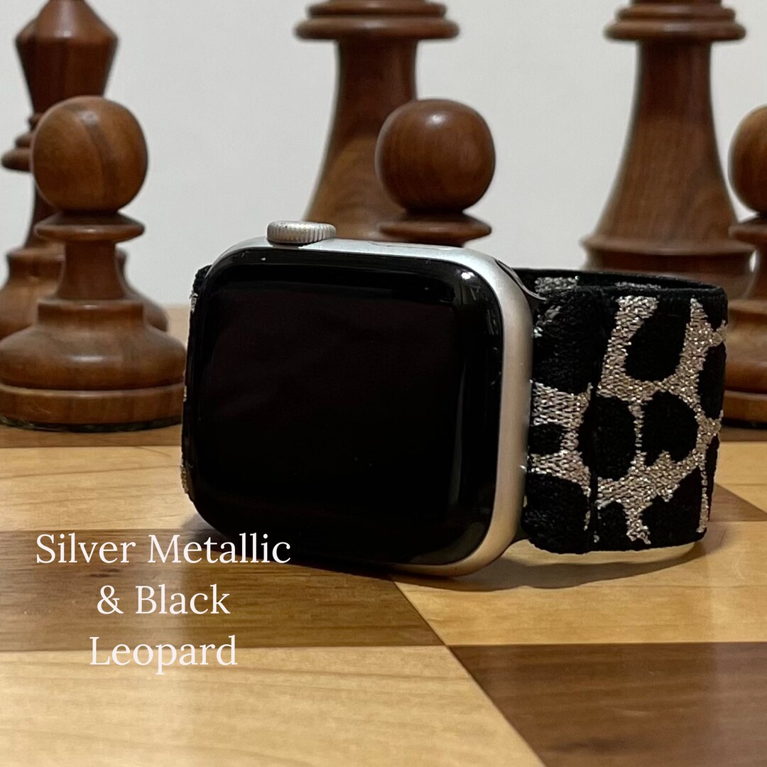 Custom Fit Silver Metallic & Black Leopard Elastic Watch Band for All ...