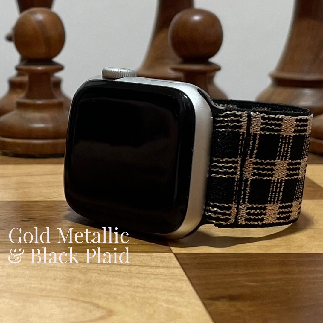 Custom Fit Gold Metallic & Black Plaid Elastic Watch Band for All Smart ...