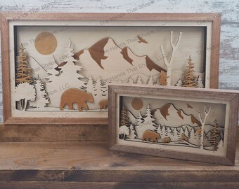 Bear Family, by the Lake, Mountain Shadow Box, Mama Bear and Cubs ...