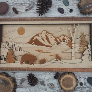 Bear Family, by the Lake, Mountain Shadow Box, Mama Bear and Cubs ...