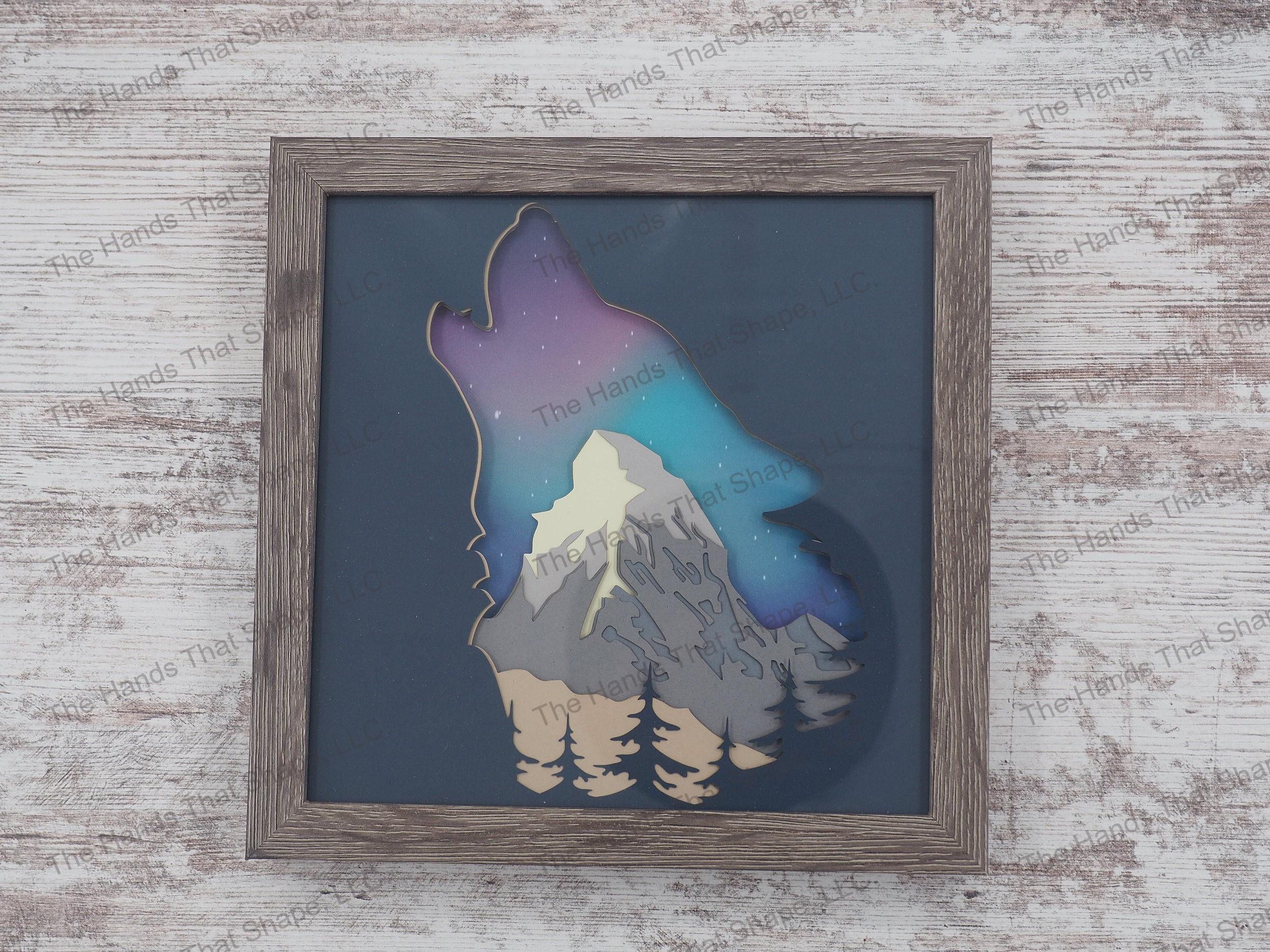Mountain Shadow Box, Wolf Silhouette, Layered Paper, Northern Lights ...
