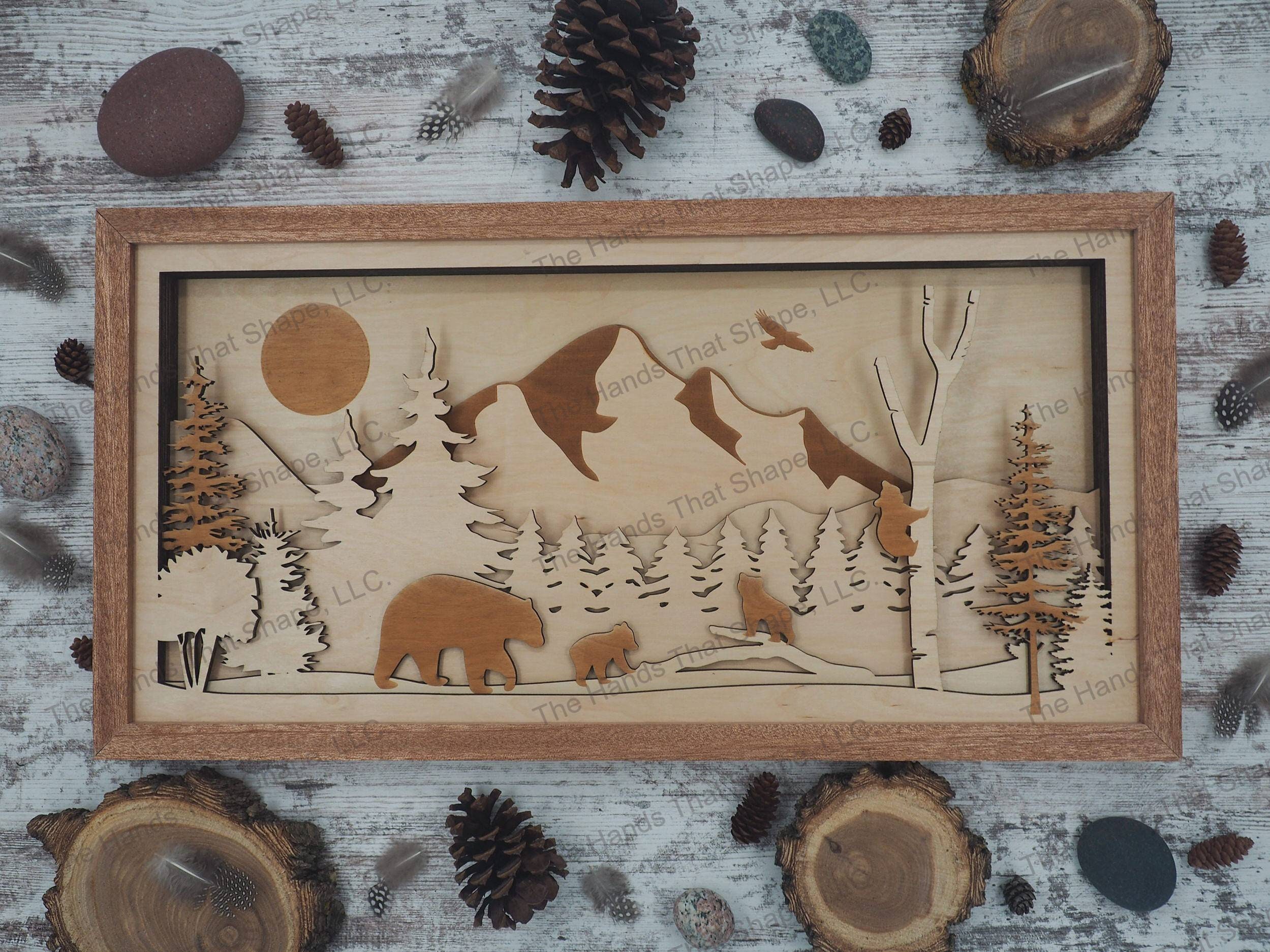 Bear in Forest, Mountain Shadow Box, Mama Bear and Cubs, Handmade Wall ...