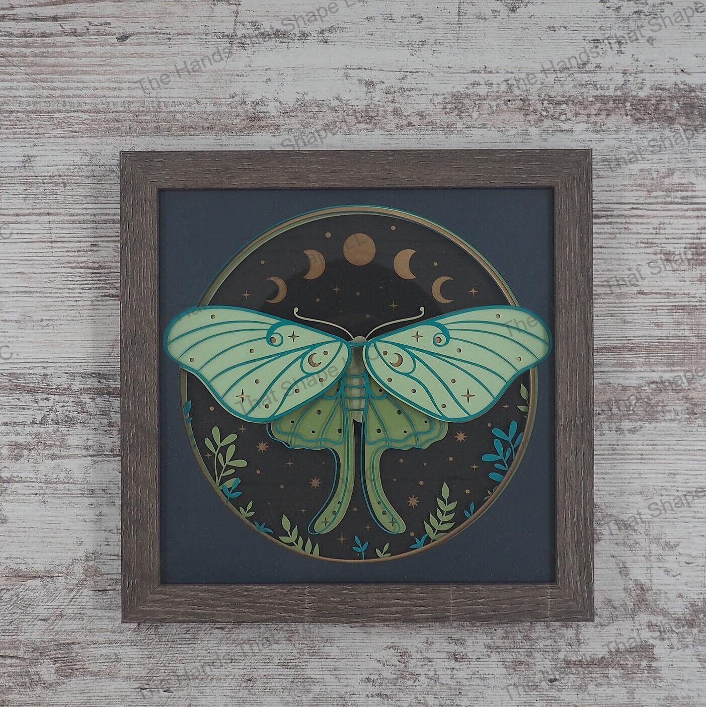 Luna Moth Shadow Box, Layered Paper Art, Moon Phases Wall Art, 3D ...