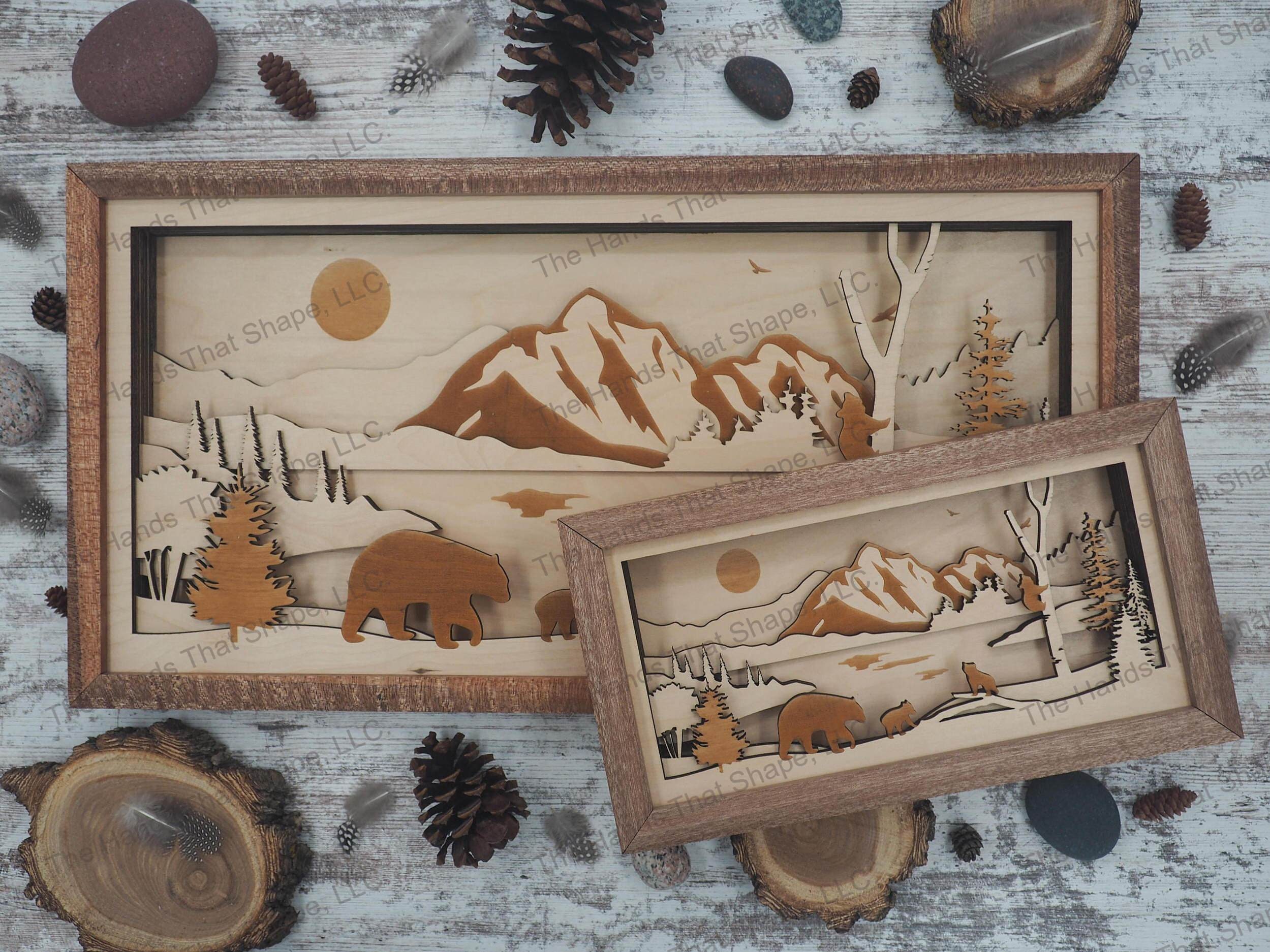Bear Family, by the Lake, Mountain Shadow Box, Mama Bear and Cubs ...