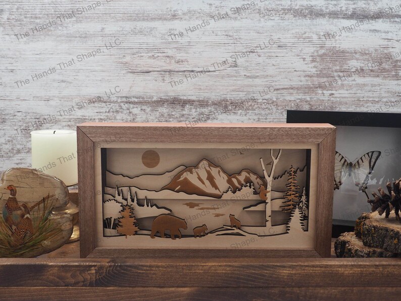 Bear Family, by the Lake, Mountain Shadow Box, Mama Bear and Cubs ...