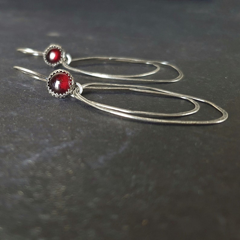 Long Garnet Hoops Artisan Hoop Earrings Oxidized Silver Long | Etsy